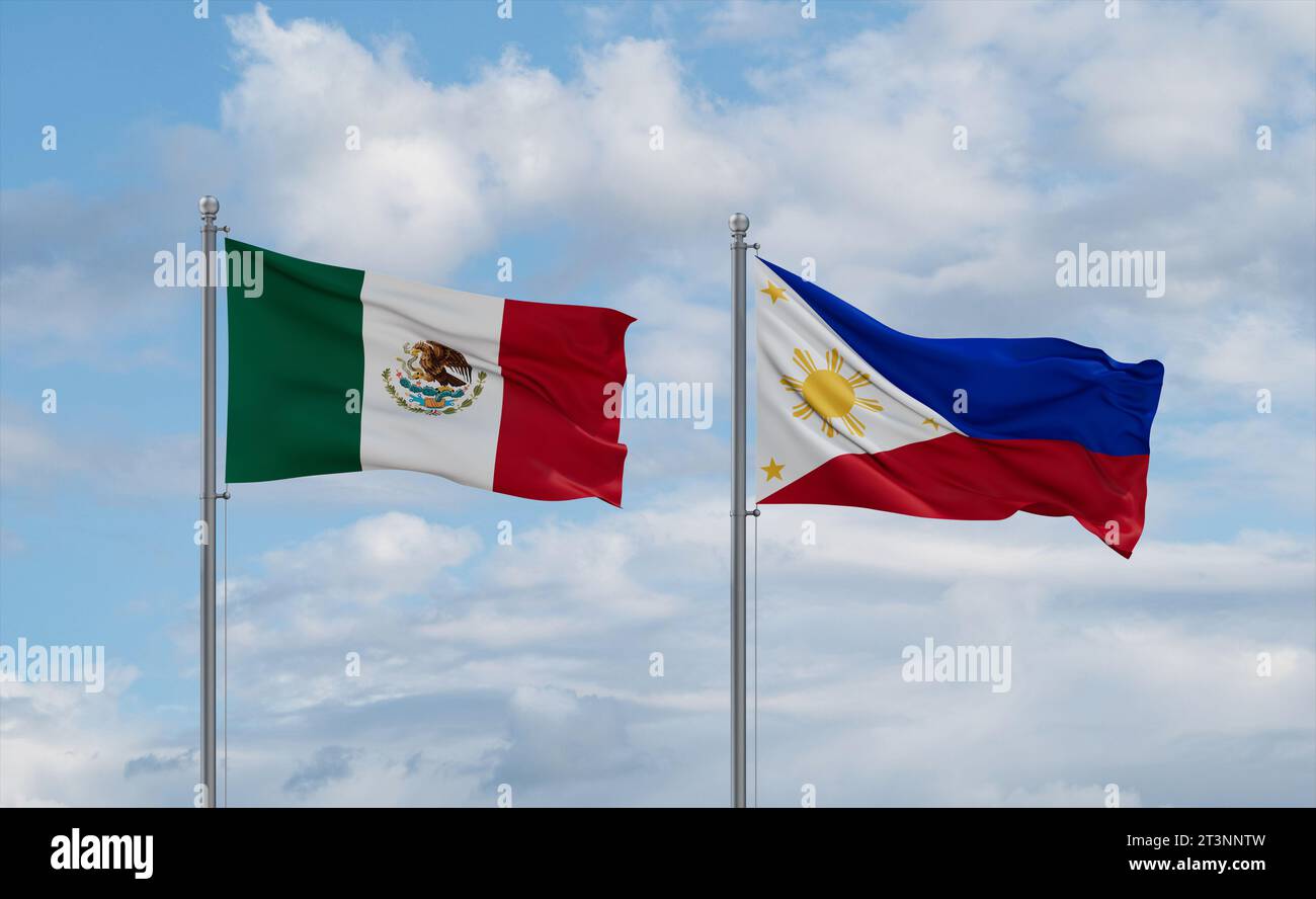 Philippines and Mexico flags waving together in the wind on blue cloudy ...