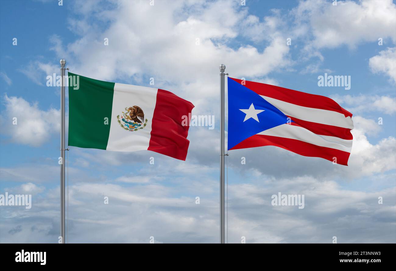 Puerto Rico and Mexico flags waving together in the wind on blue cloudy ...
