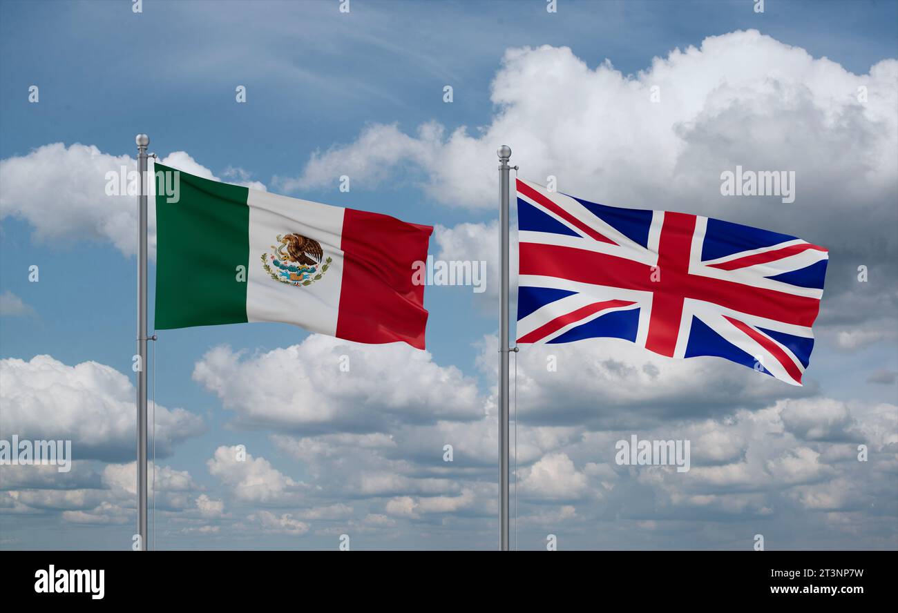 United Kingdom and Mexico flags waving together in the wind on blue ...