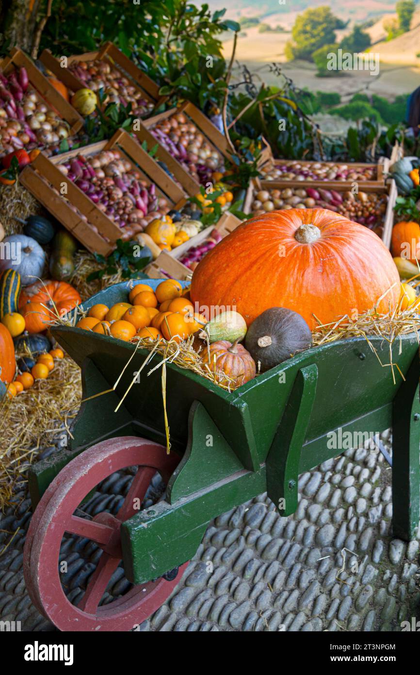 A wooden wheelbarrow and wooden crates on a cobblestone floor ...