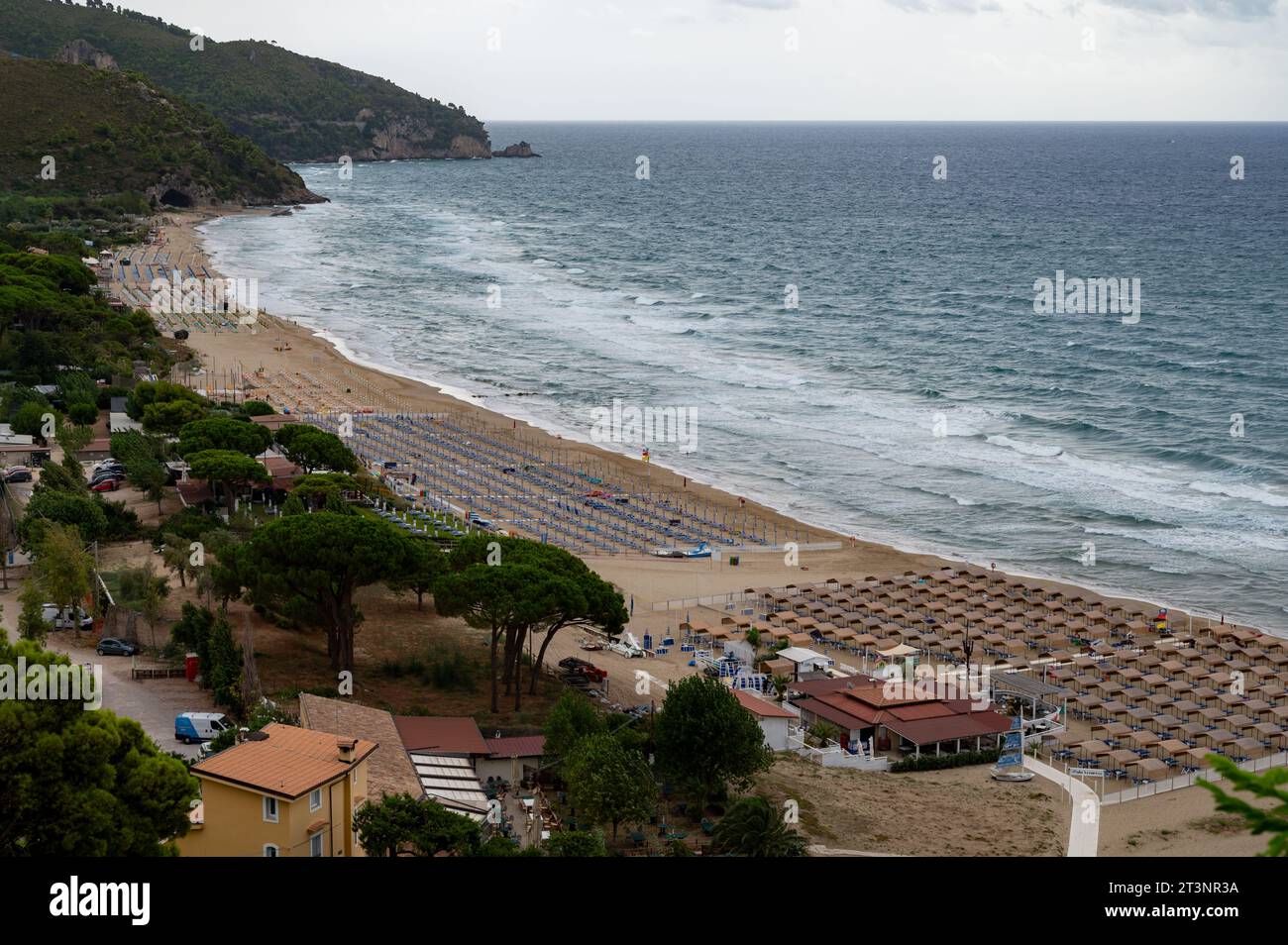 Sandy beach of medieval small touristic coastal town Sperlonga and sea ...