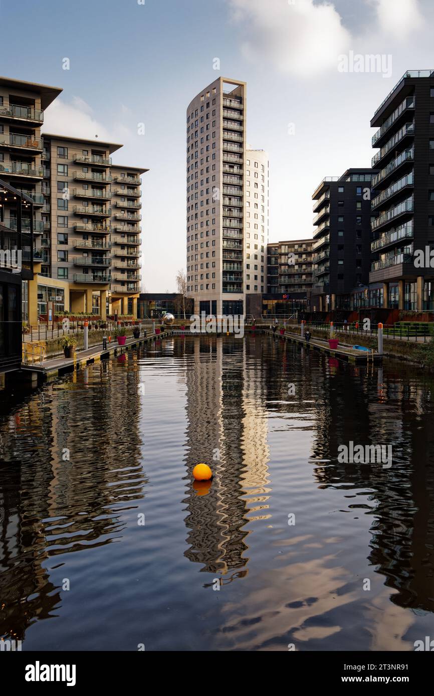 The regenerated Leeds Dock on the River Aire in Leeds City Centre ...