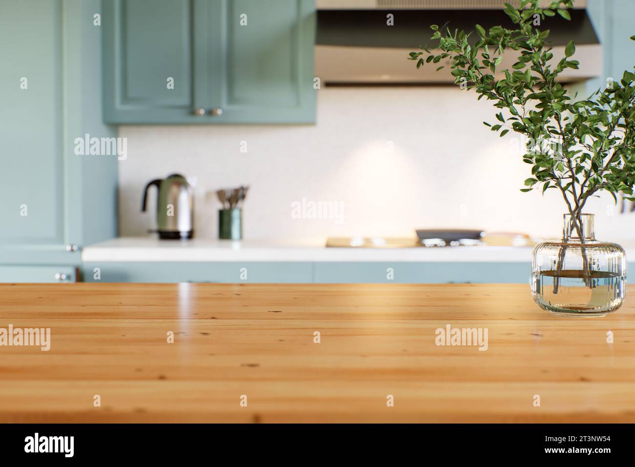 Green kitchen with wood countertops and accent island for product ...