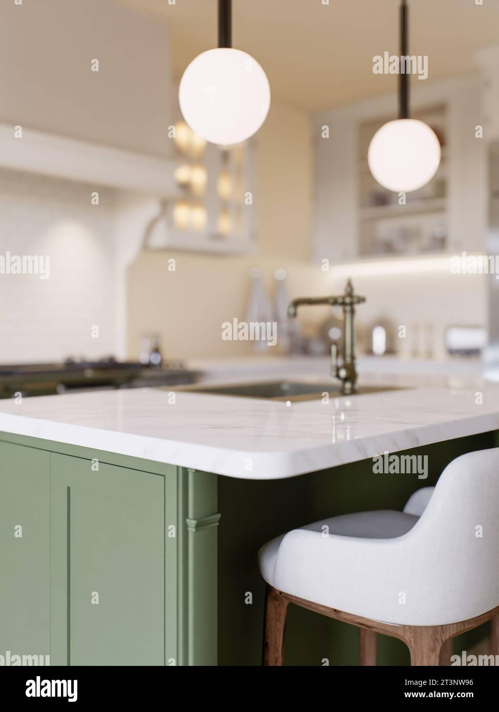 Kitchen with marble countertops and blurred kitchen background to ...