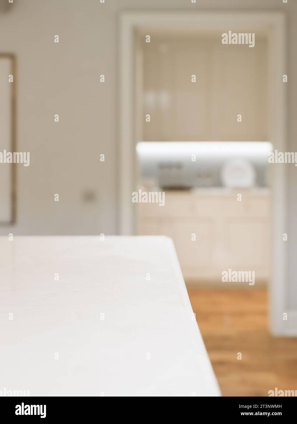 Kitchen white countertop with white marble, with blurred bokeh ...