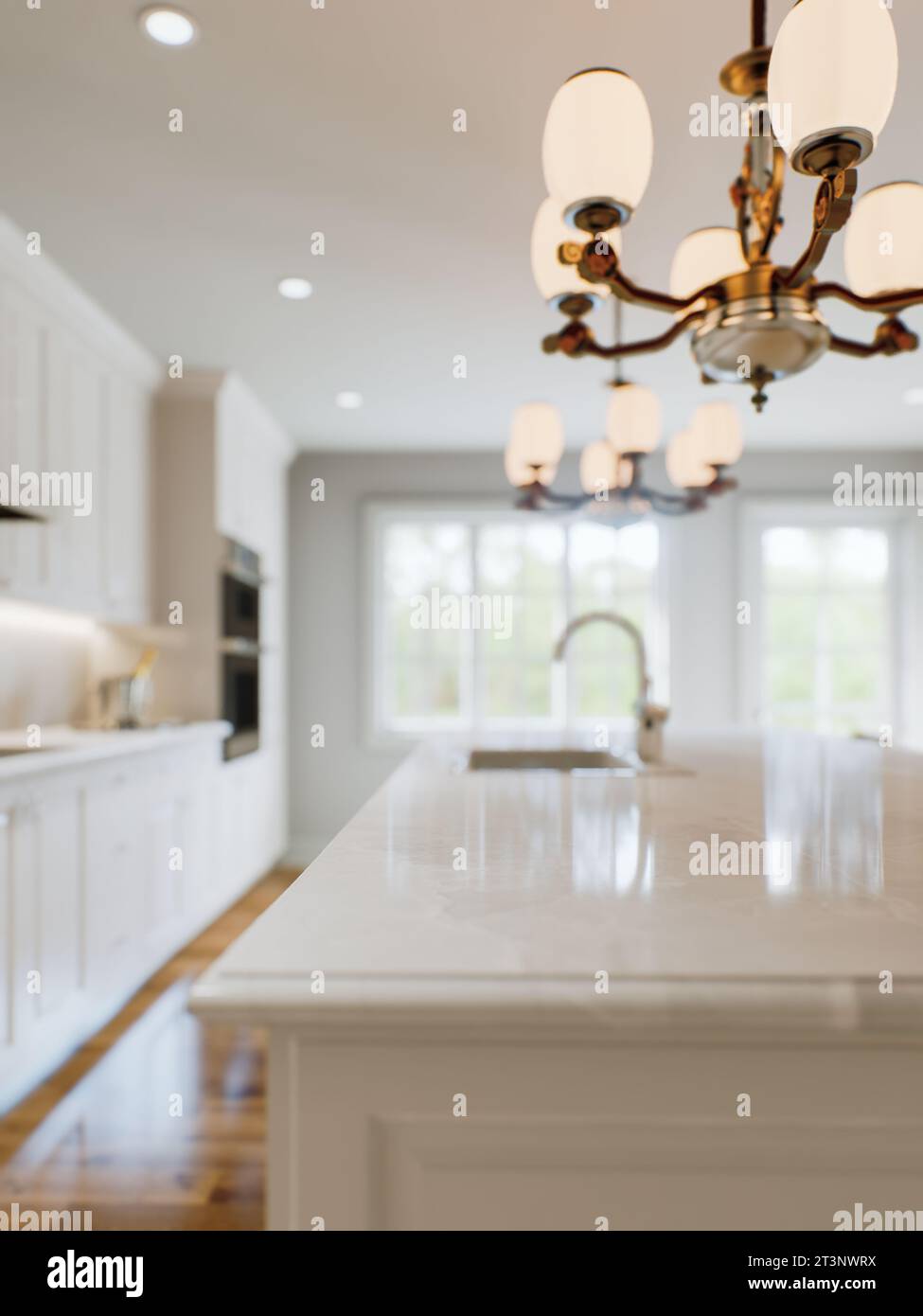 Kitchen white countertop with white marble, with blurred bokeh ...
