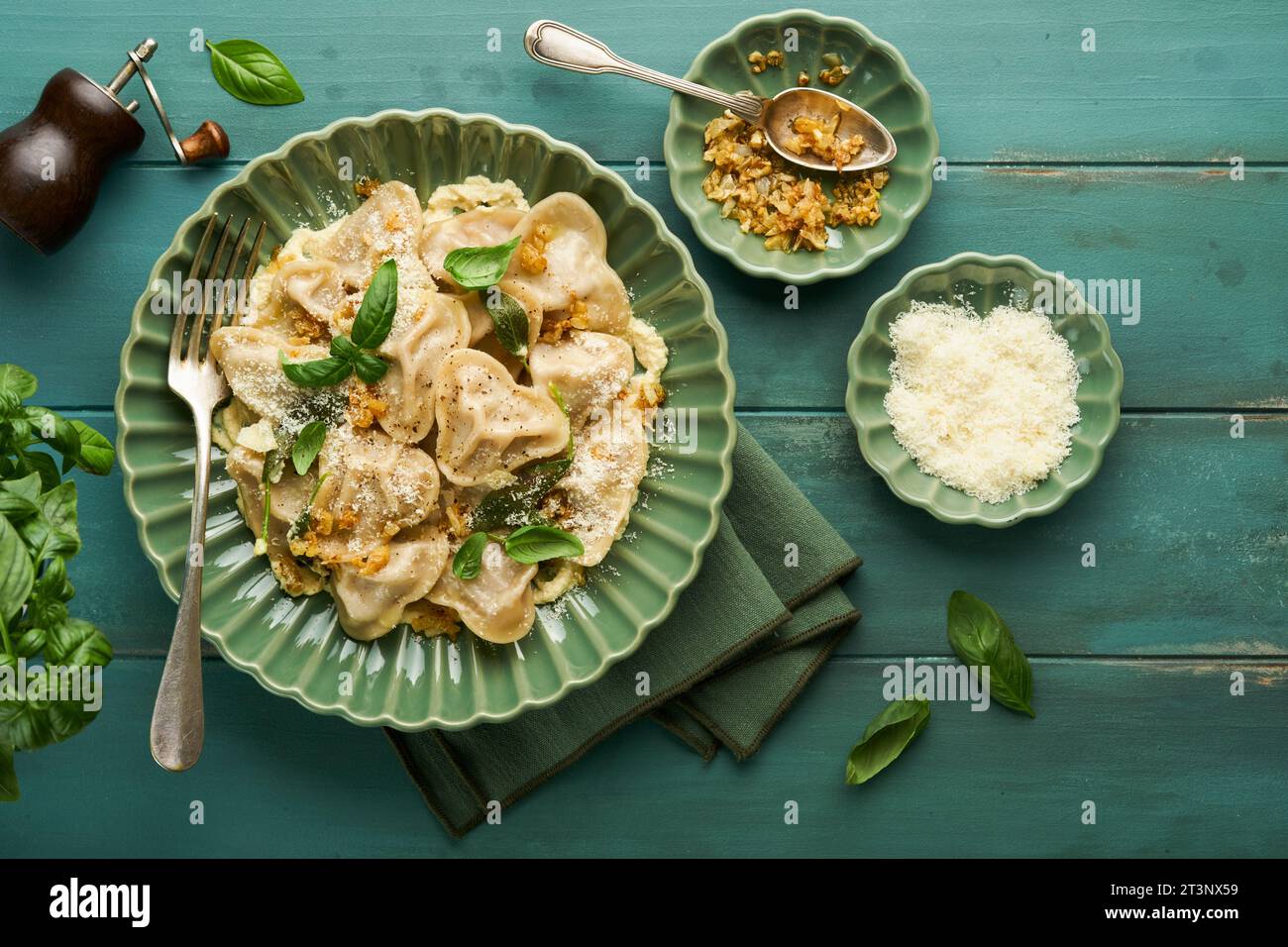 Homemade italian ravioli pasta in heart shape with beef meat, cheese ...