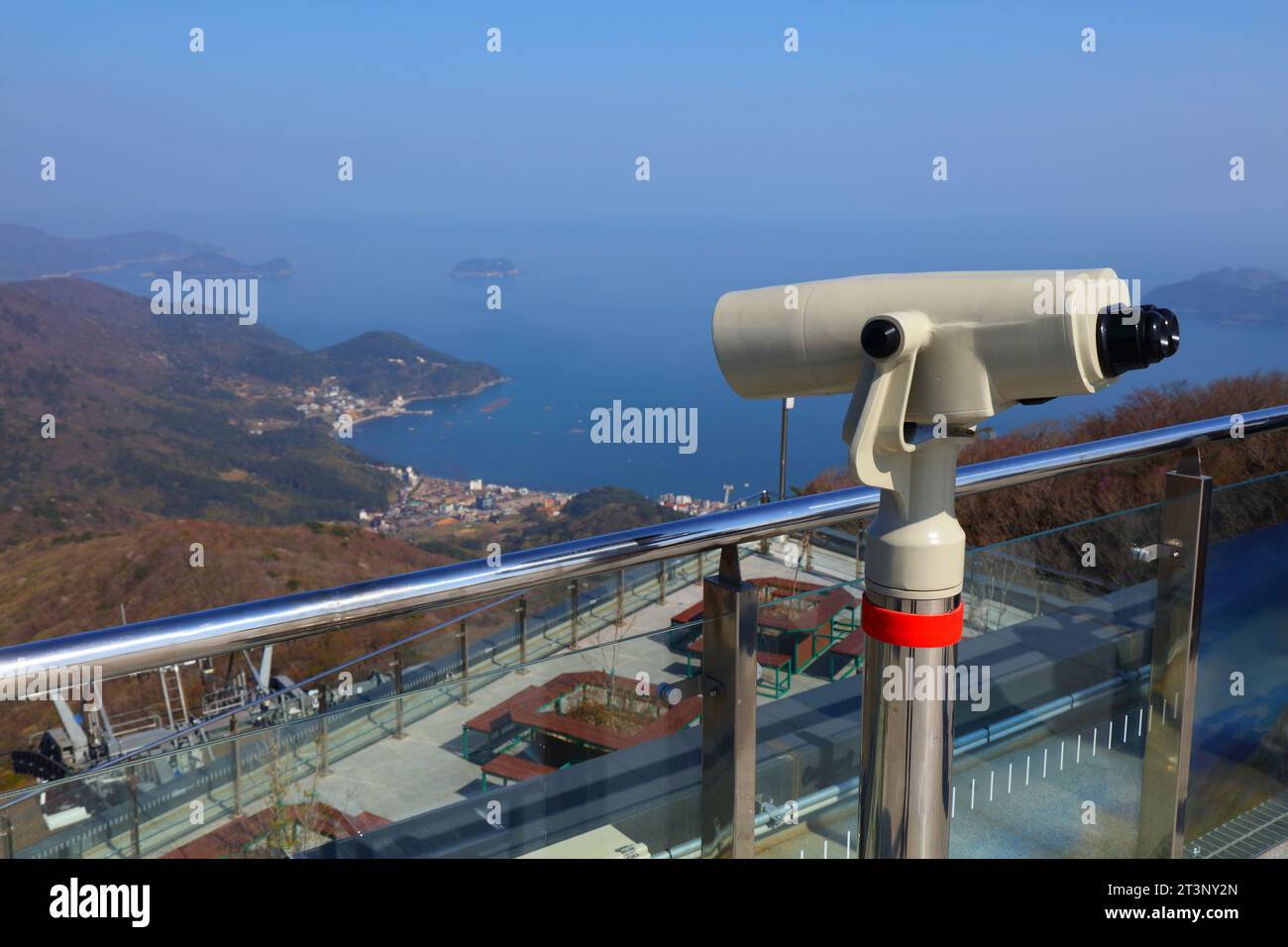 Geoje island in South Korea. Viewpoint lookout with public binoculars ...