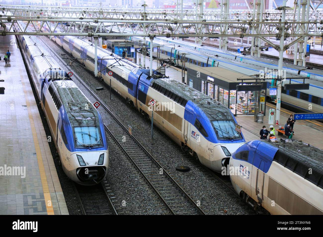 SEOUL, SOUTH KOREA - APRIL 5, 2023: KTX Sancheon high speed trains at Seoul Station. Korail KTX ...