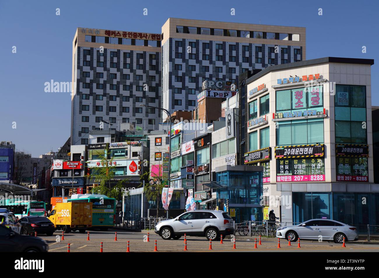 SUWON, SOUTH KOREA - APRIL 8, 2023: Street view in downtown Suwon. It is one of largest cities ...