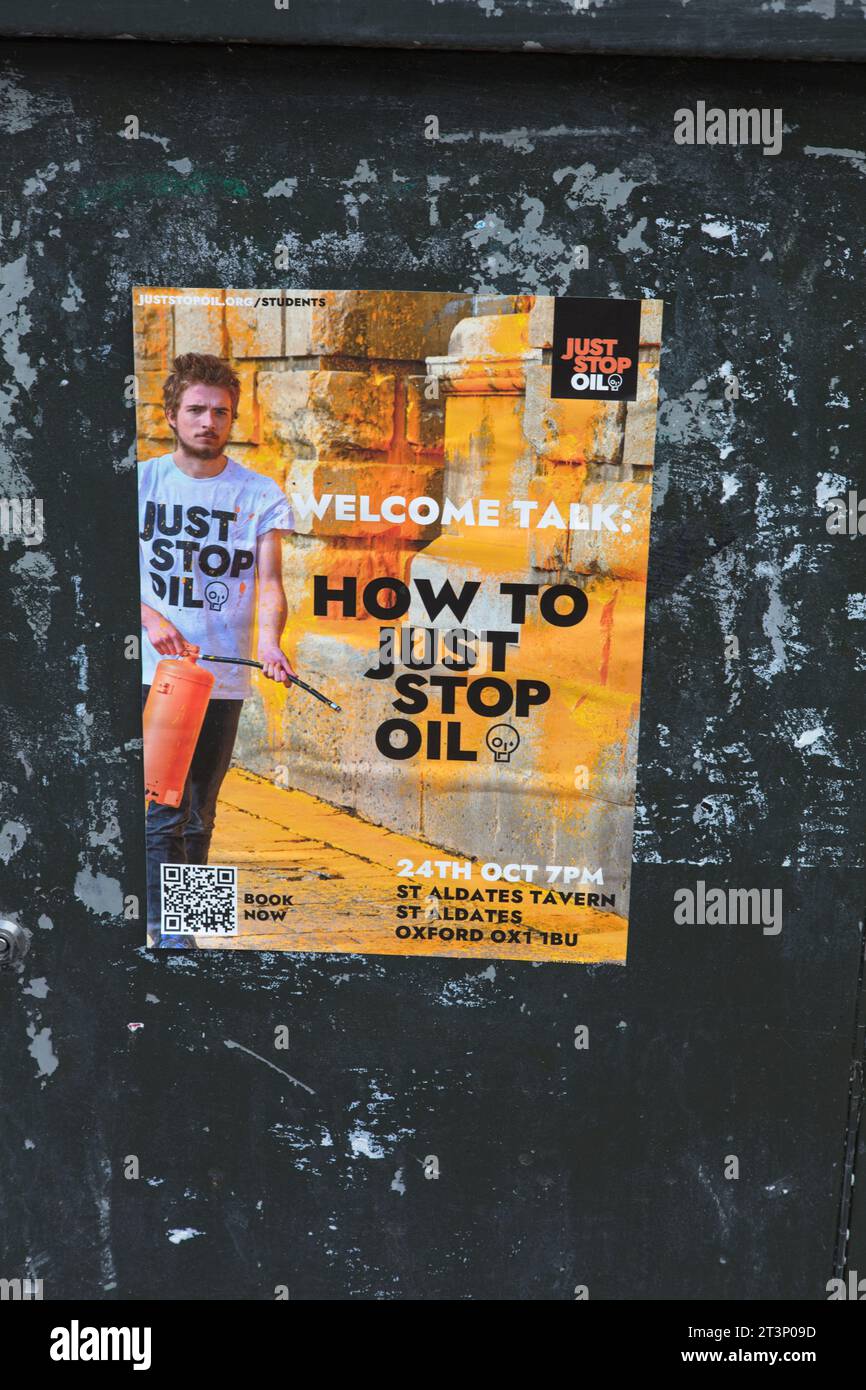 Poster in Oxford: "Welcome talk: How to Just Stop Oil" showing a photo ...