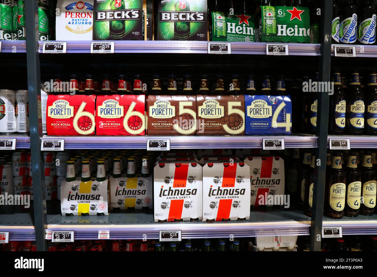 SARDINIA, ITALY - MAY 25, 2023: Beer shelf with local Ichnusa beer in a ...