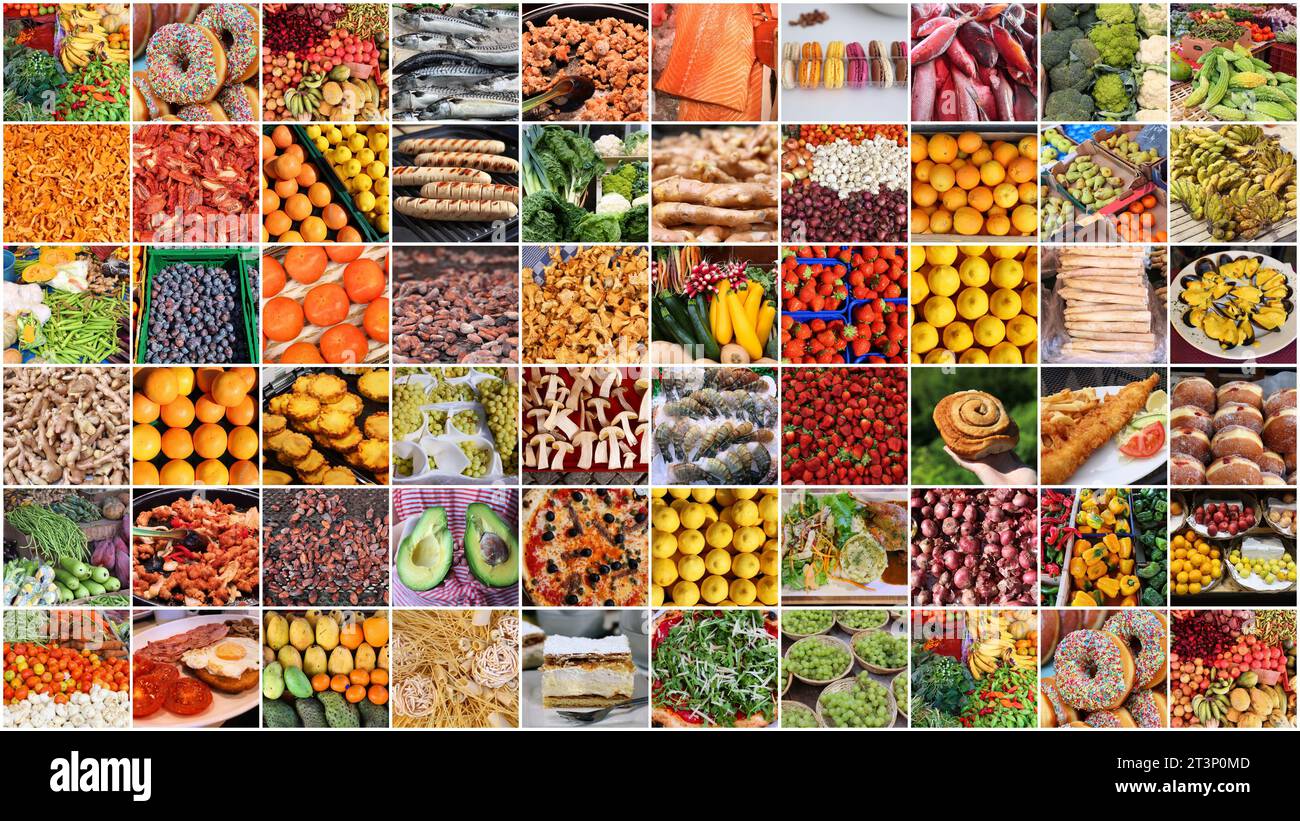 Food photo collage. Many photos of vegetables, fruit and fish. Colorful ...