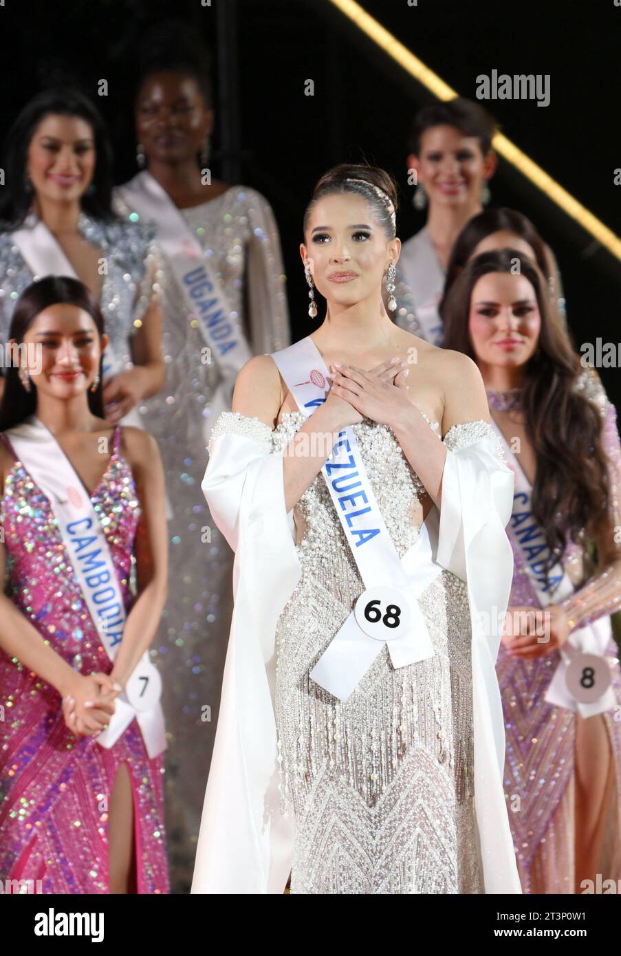 Andrea Rubio (C) of Venezuela is pictured after winning the 2023 Miss ...