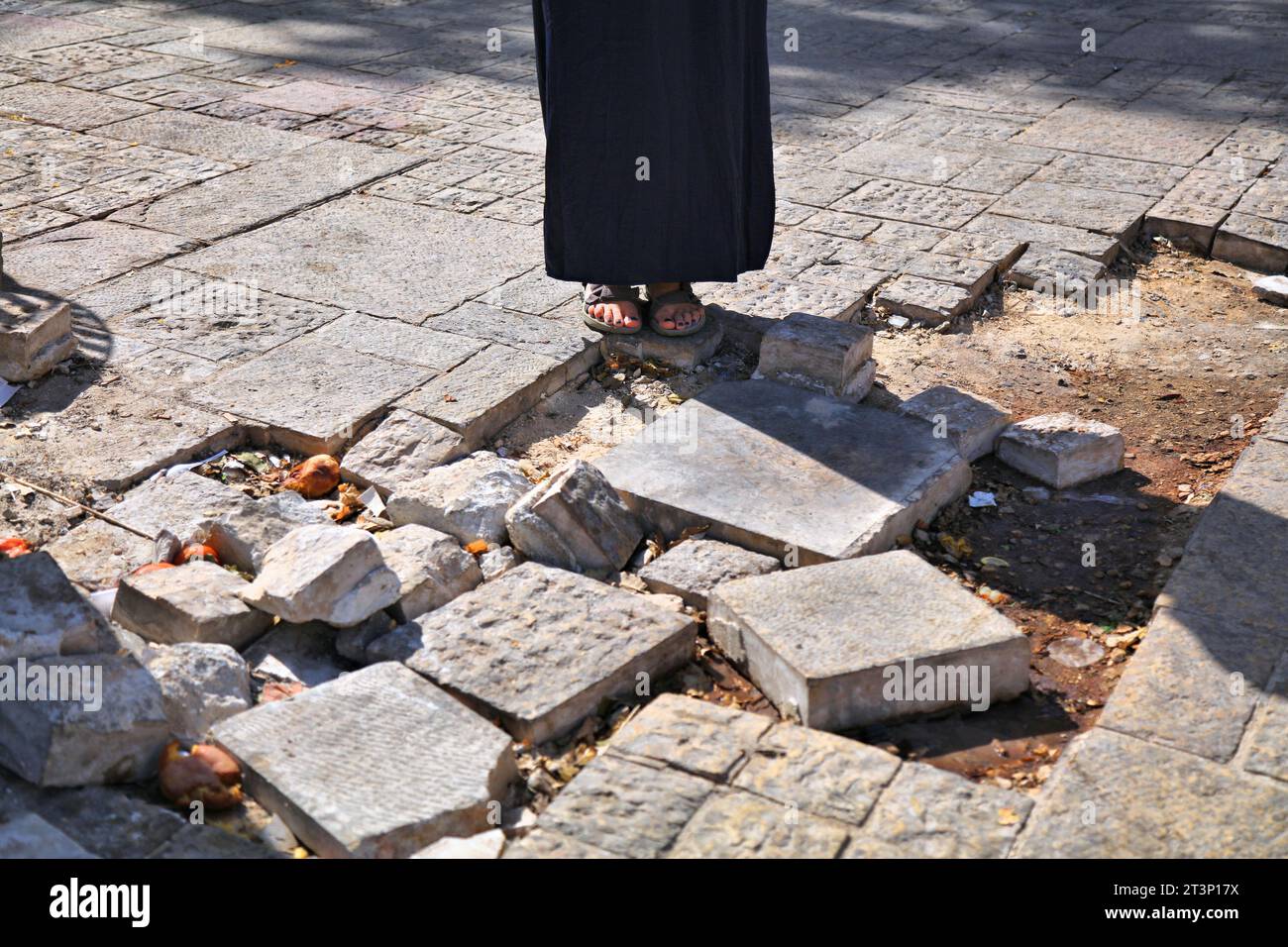 Pedestrian safety problem. City sidewalk damage. Dangerous city ...