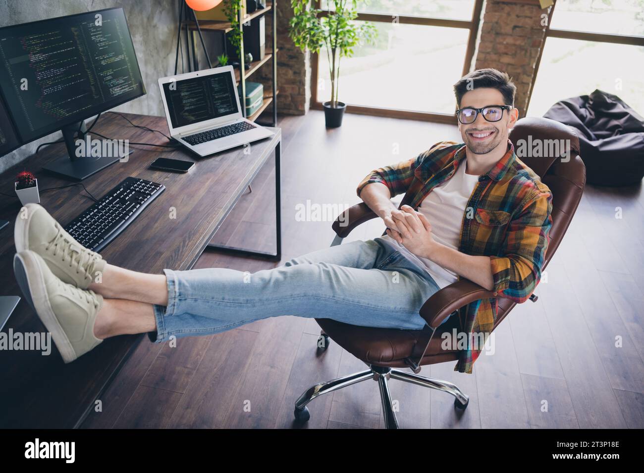 Full length profile portrait of clever talented front end developer sit ...