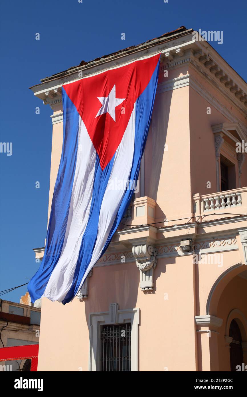 Flag of Cuba moving in the wind. National symbol on a building in ...