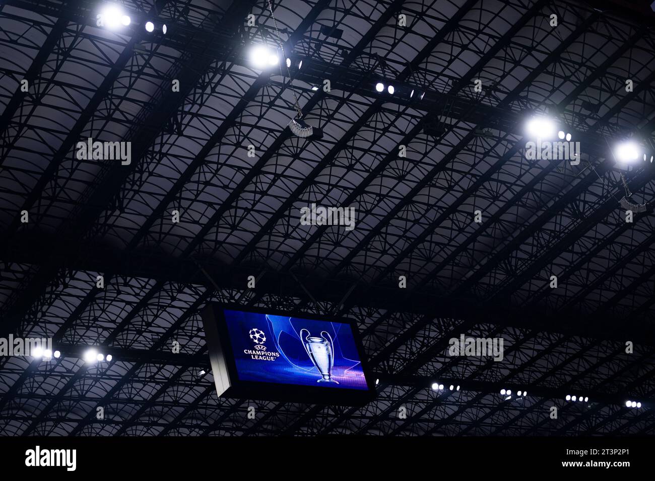 A scoreboard displays the logo and the trophy of UEFA Champions League ...