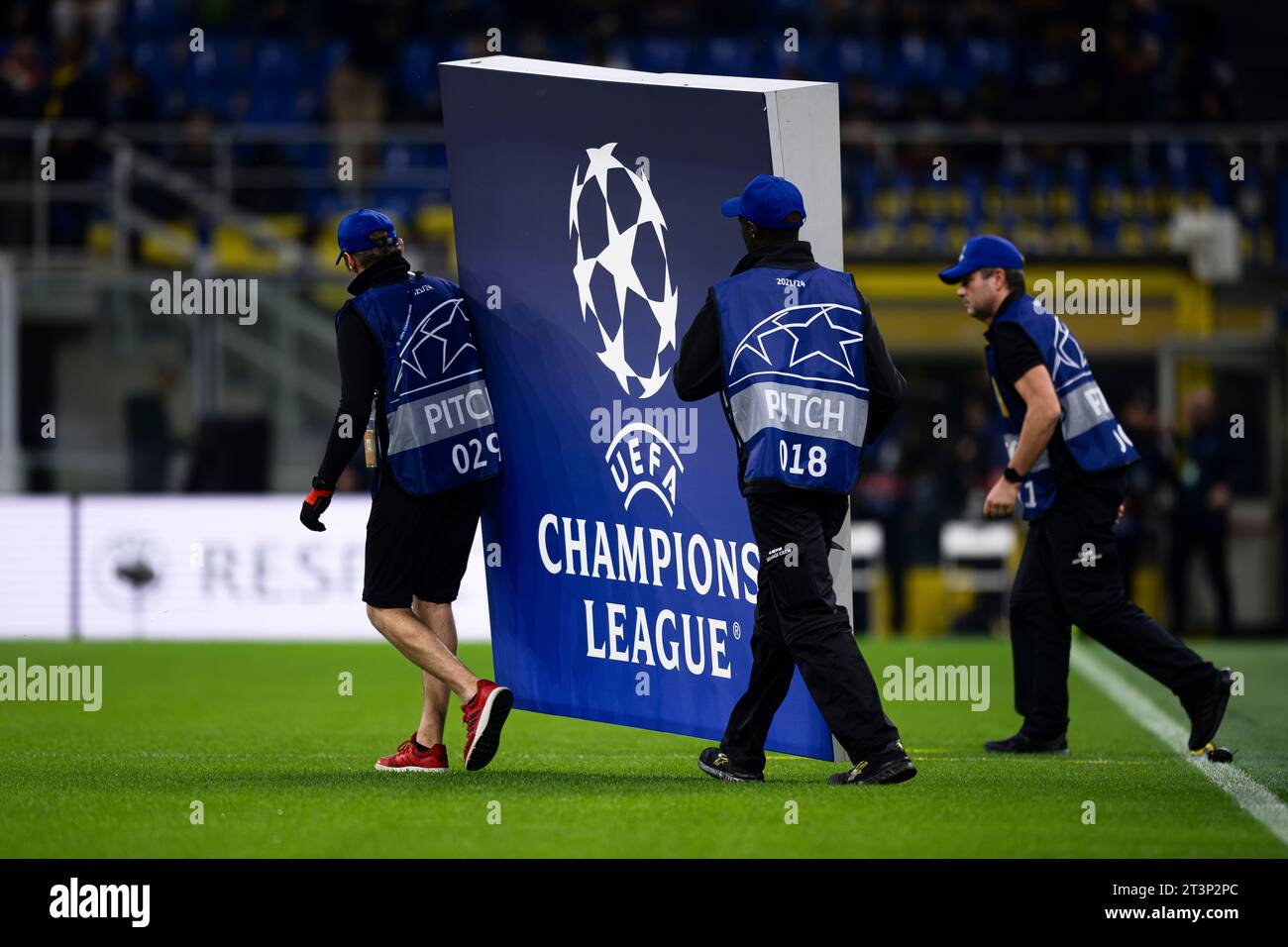 A lineup board depicting the UEFA Champions League logo is carrying by ...