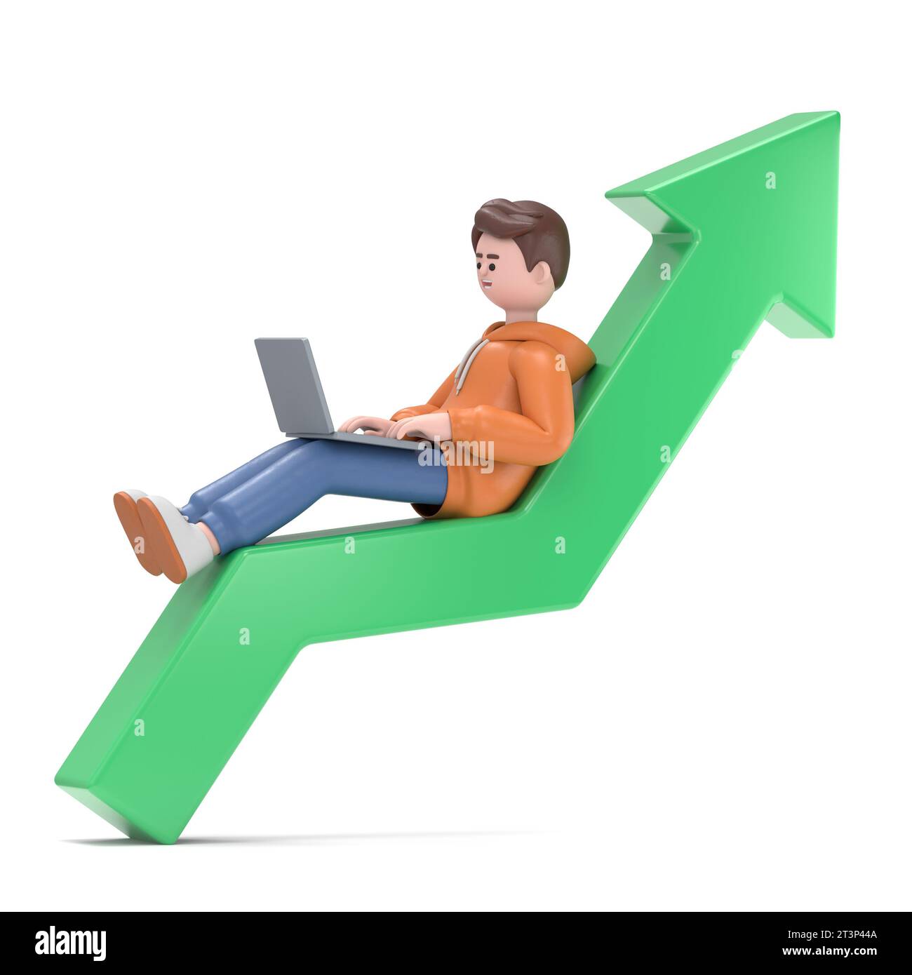 3D illustration of male guy Qadir with laptop lying on green arrow ...