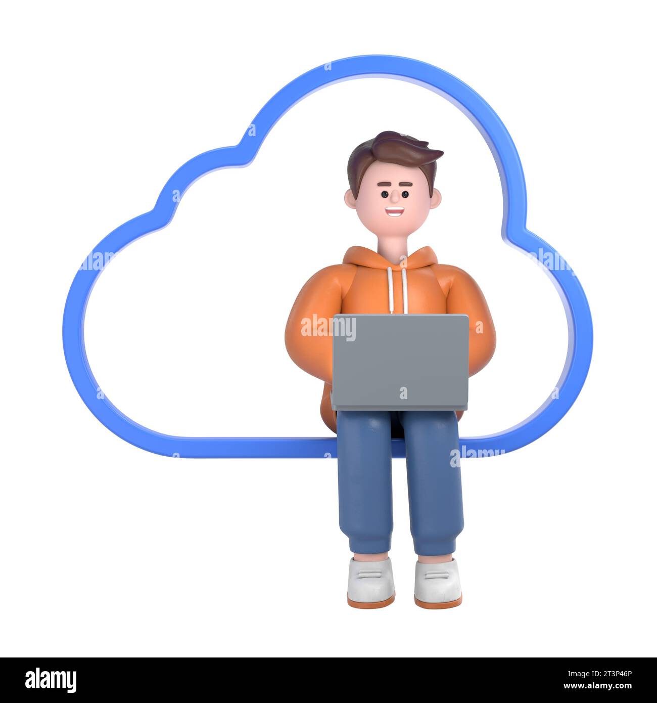 3D illustration of male guy Qadir working with laptop on the cloud over blue background. Big ...