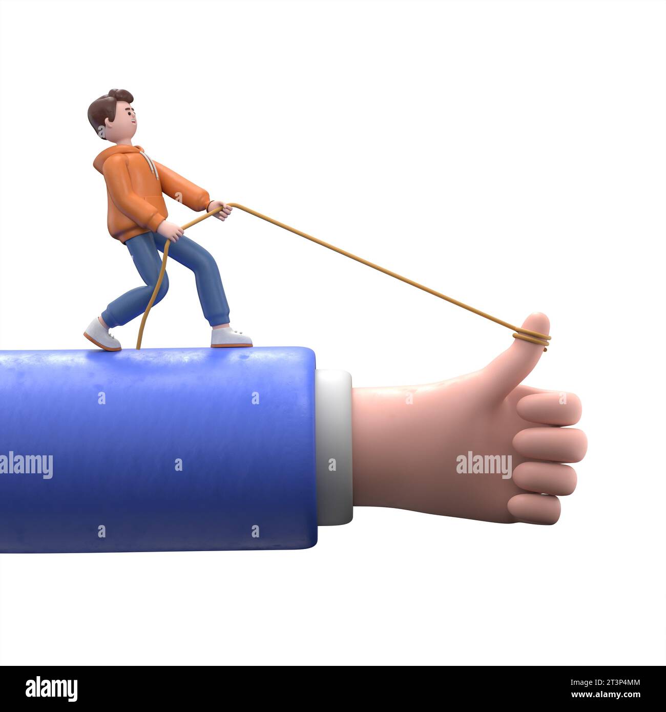 3D illustration of male guy Qadir Pull the rope to raise the thumb up ...
