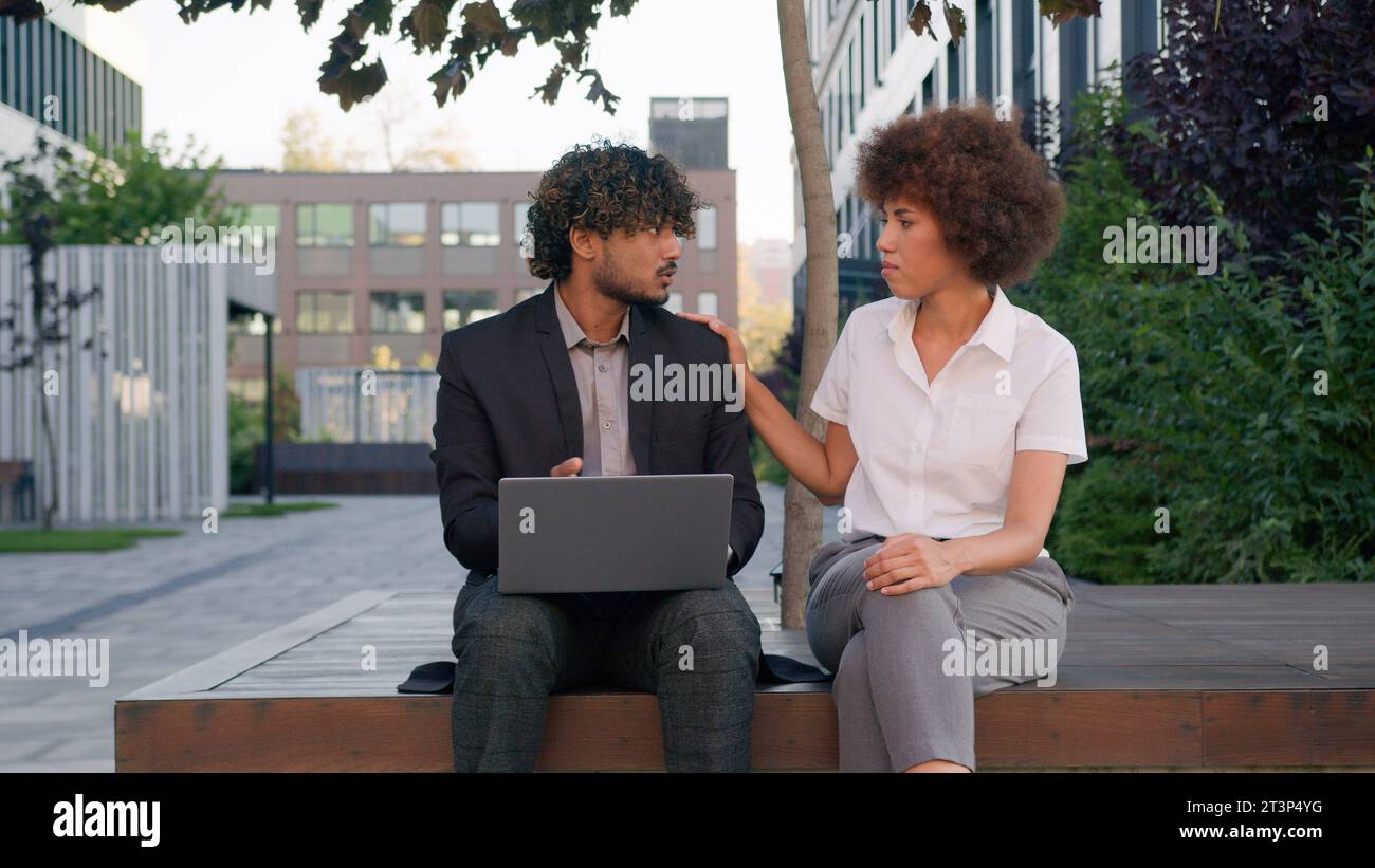 Business diverse multiracial partners in city outdoor company office ...