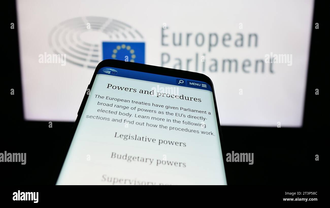 Mobile phone with website of EU legislative body European Parliament ...