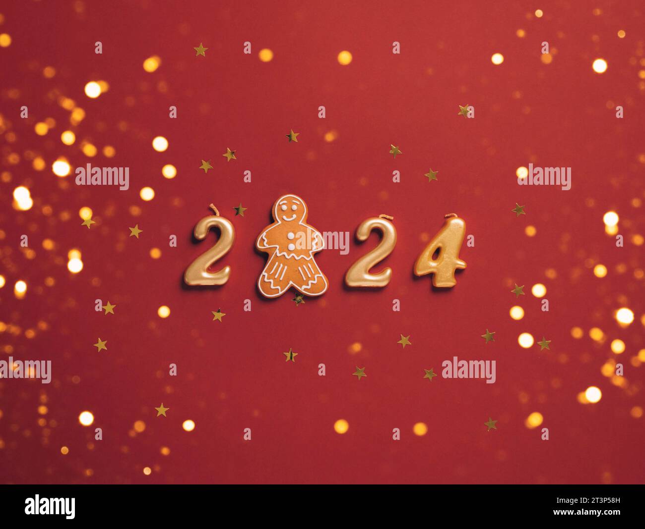 New year date numbers 2024 and gingerbread man cookies red festive ...