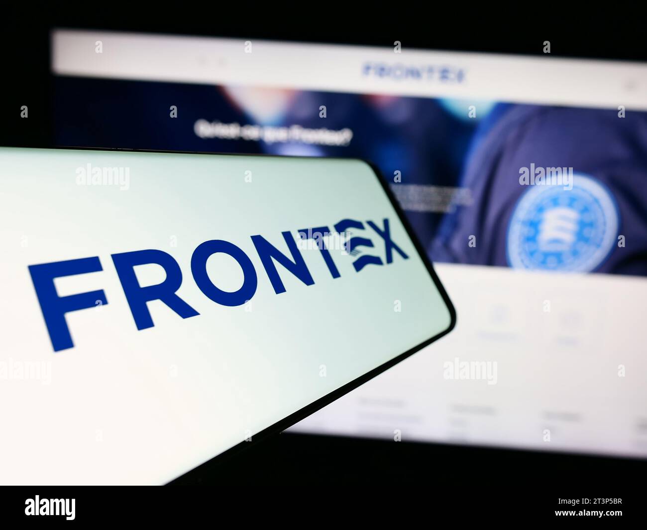 Cellphone with logo of European Border and Coast Guard Agency (Frontex ...