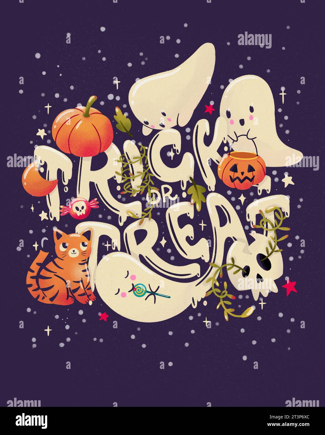 Happy Halloween illustration with hand lettering message and cute ...
