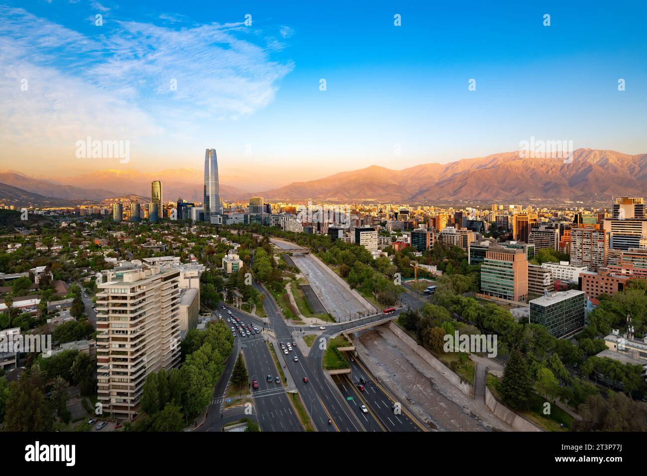 Panoramic view of Santiago de Chile with the Andes mountain range in ...