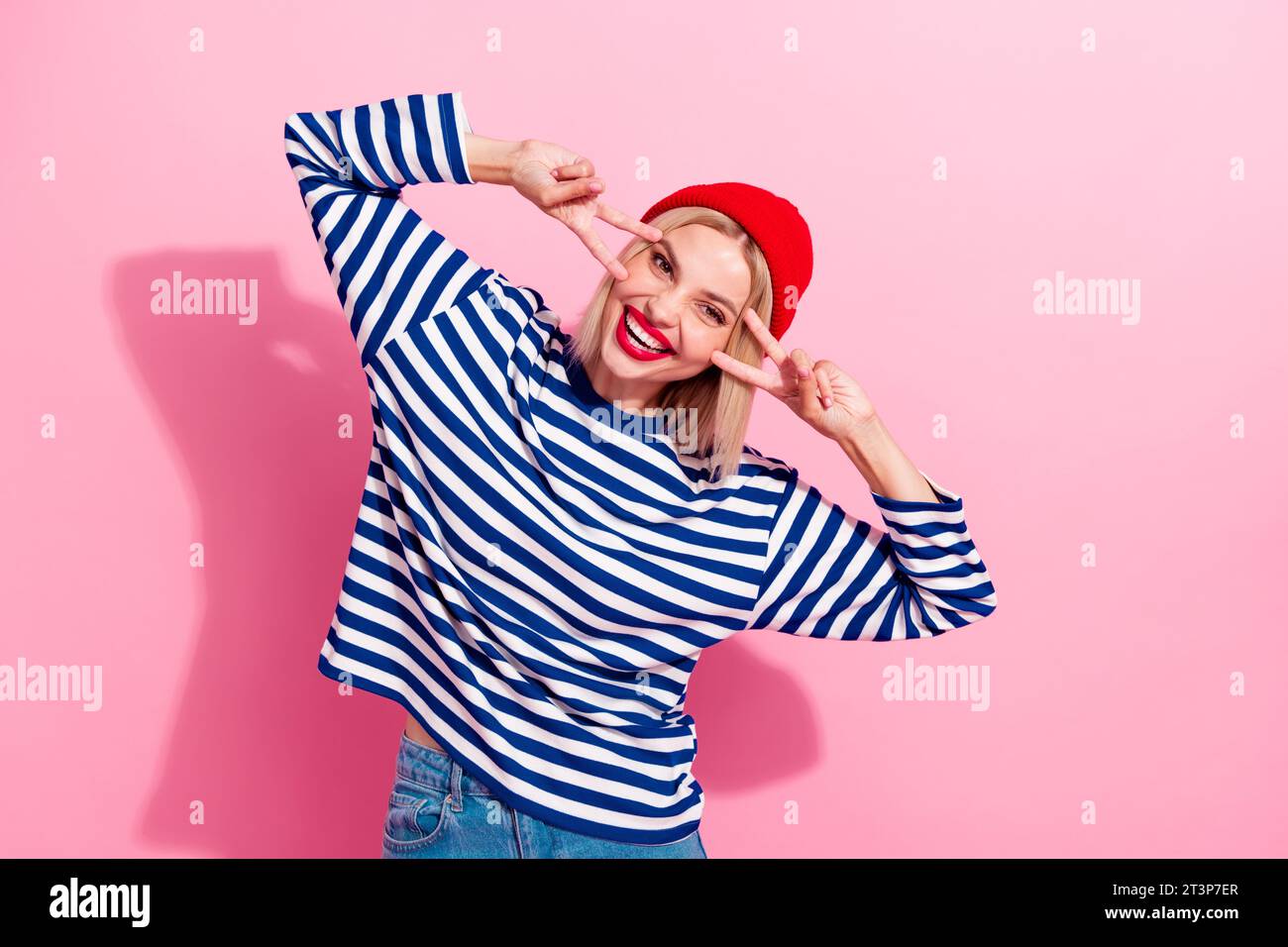 Photo portrait of carefree youth girl show two hands peace symbols v ...