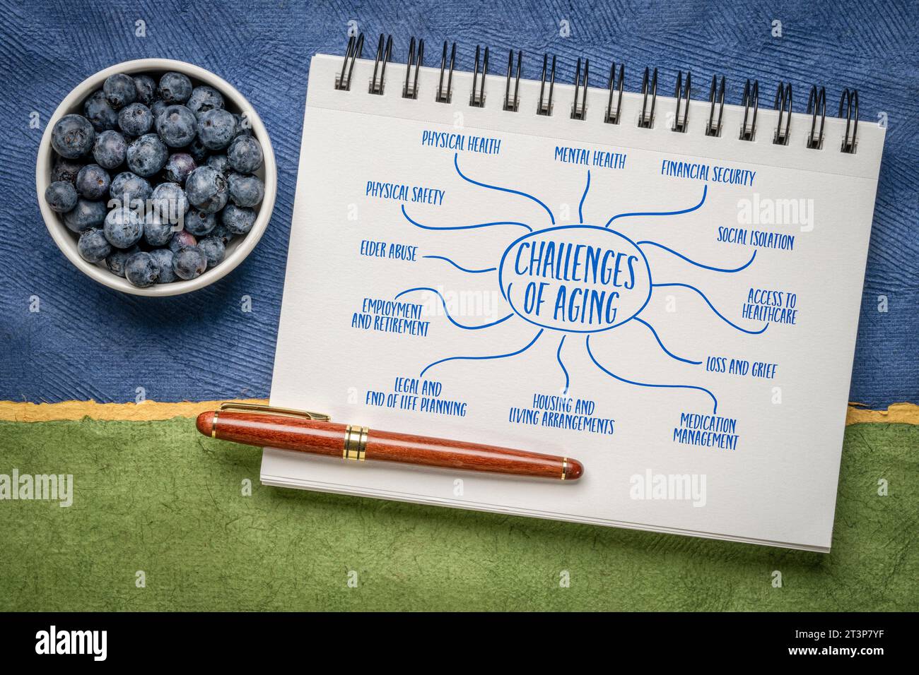 challenges of aging infographics or mind map sketch in a spiral notebook, senior lifestyle ...