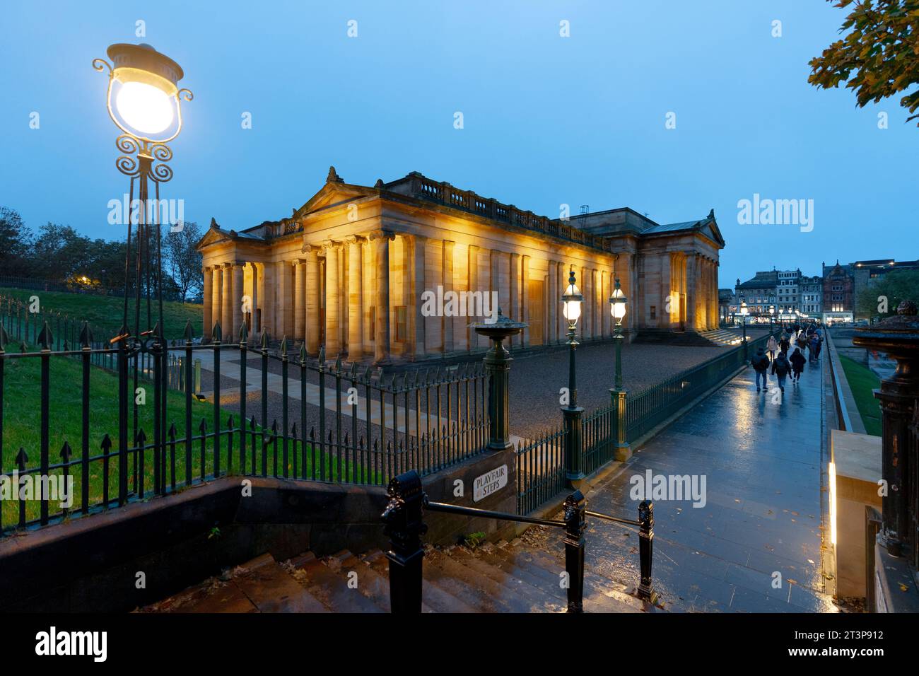 Evening view of floodlit Scottish National Gallery on The Mound from ...