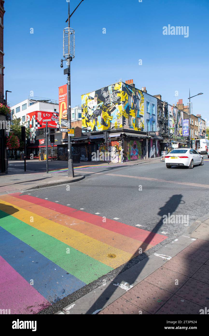 Colourful shops and buildings on the High Street in Camden Town, London ...