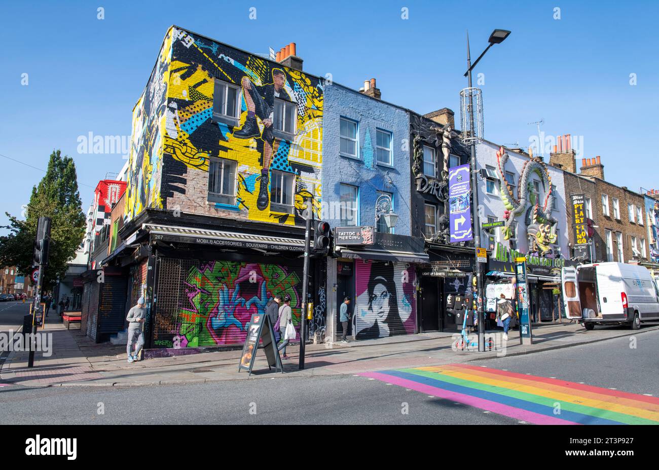 Colourful shops and buildings on the High Street in Camden Town, London ...