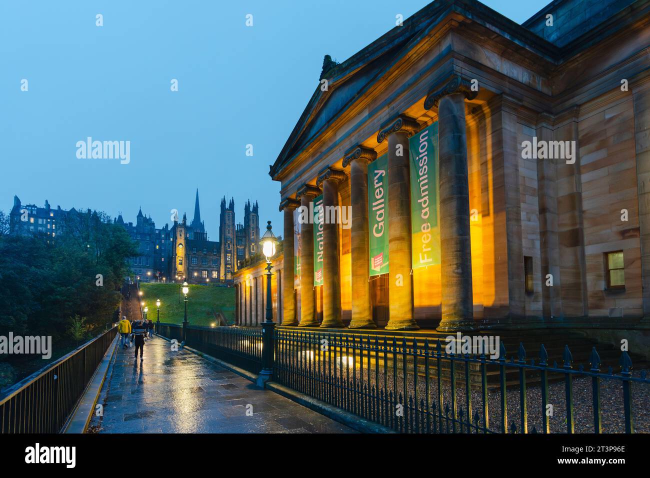 Evening view of floodlit Scottish National Gallery on The Mound in ...