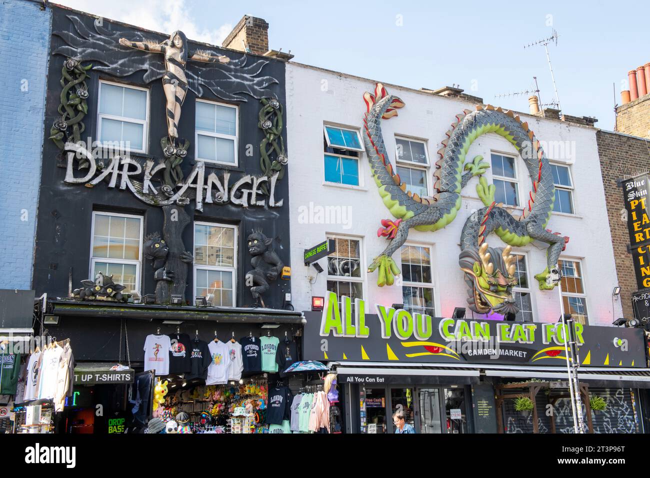 Colourful shops and buildings on the High Street in Camden Town, London ...