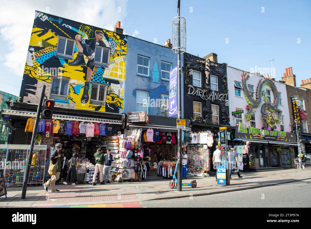 Colourful shops and buildings on the High Street in Camden Town, London ...