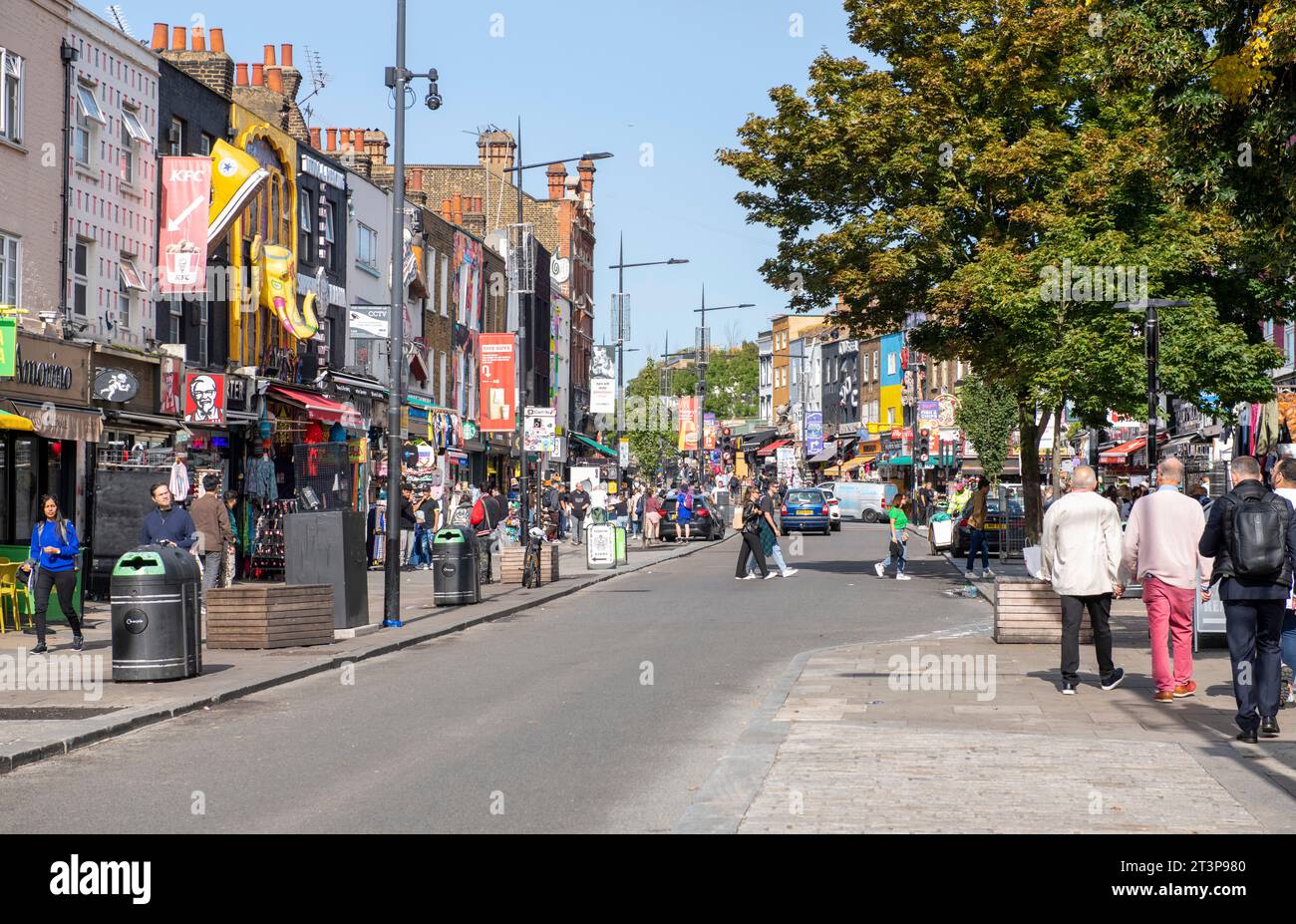 Colourful shops and buildings on the High Street in Camden Town, London ...