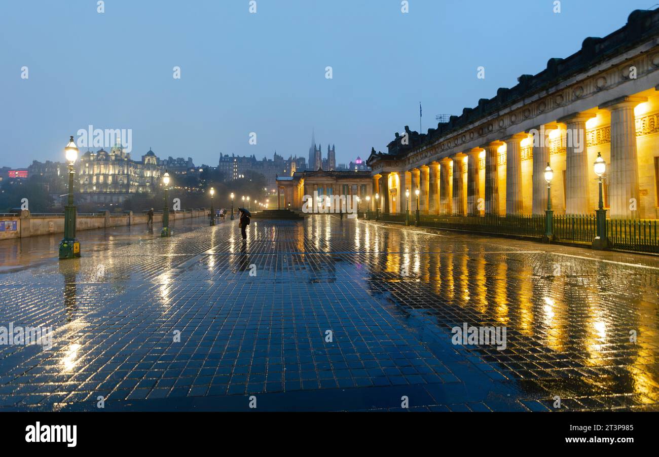 Evening view of floodlit Royal Scottish Academy art museum in the rain ...