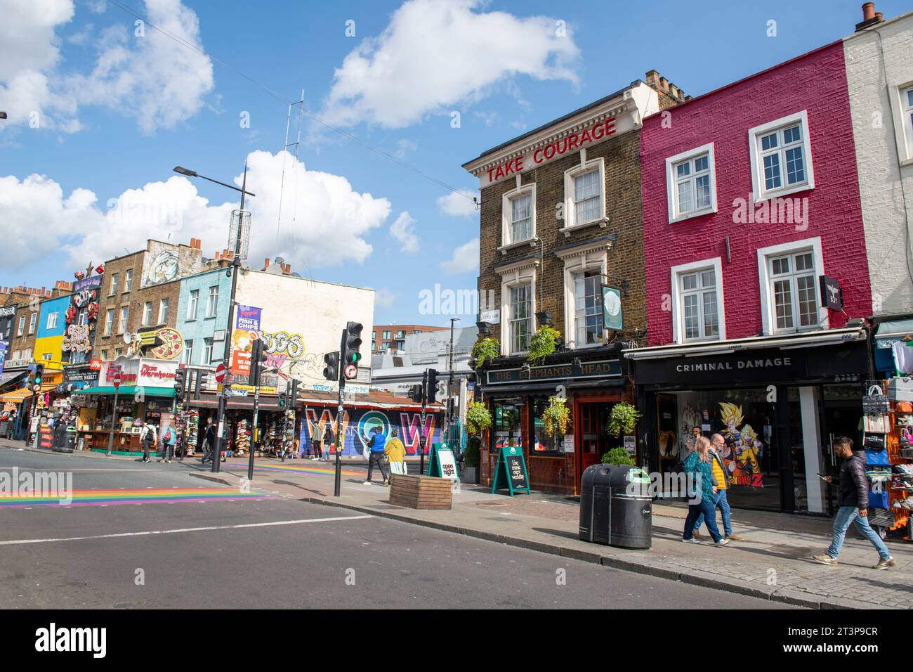 Colourful shops and buildings on the High Street in Camden Town, London ...