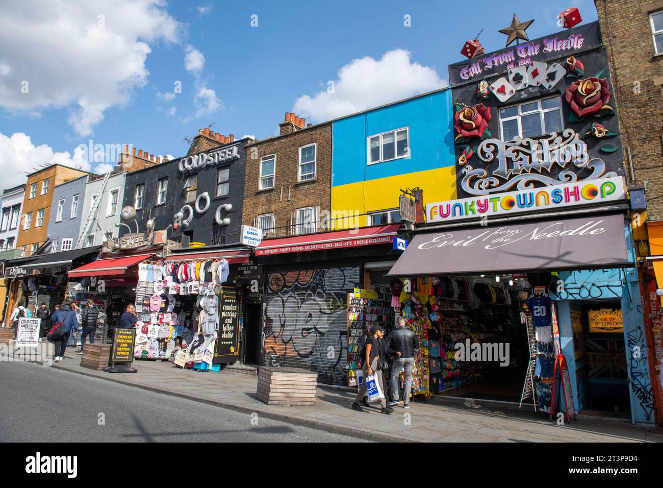 Colourful shops and buildings on the High Street in Camden Town, London ...