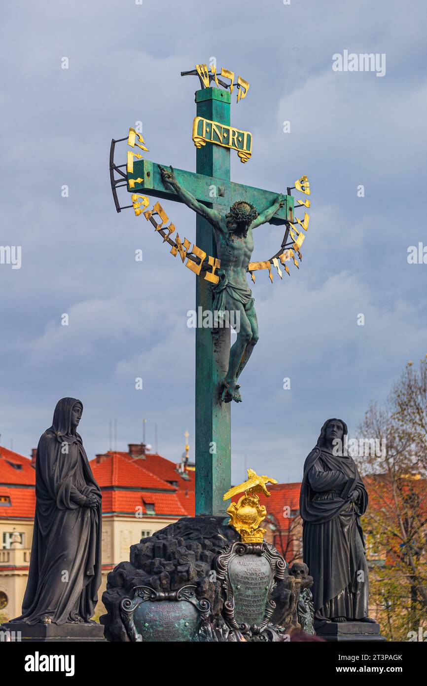 Statue on Charles Bridge depicting Jesus with Hebrew inscription and ...
