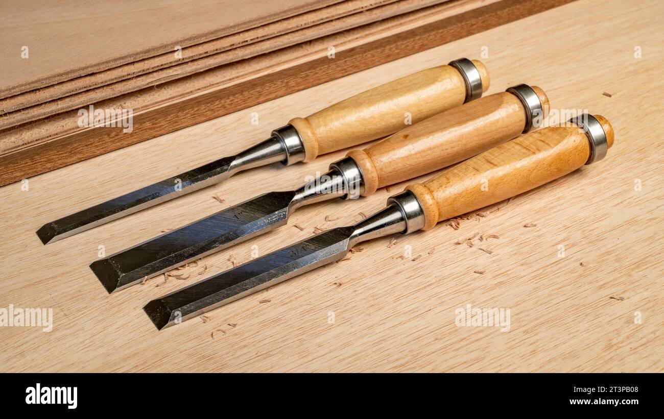 set of wood chisels against okoume plywood - woodworking concept Stock ...