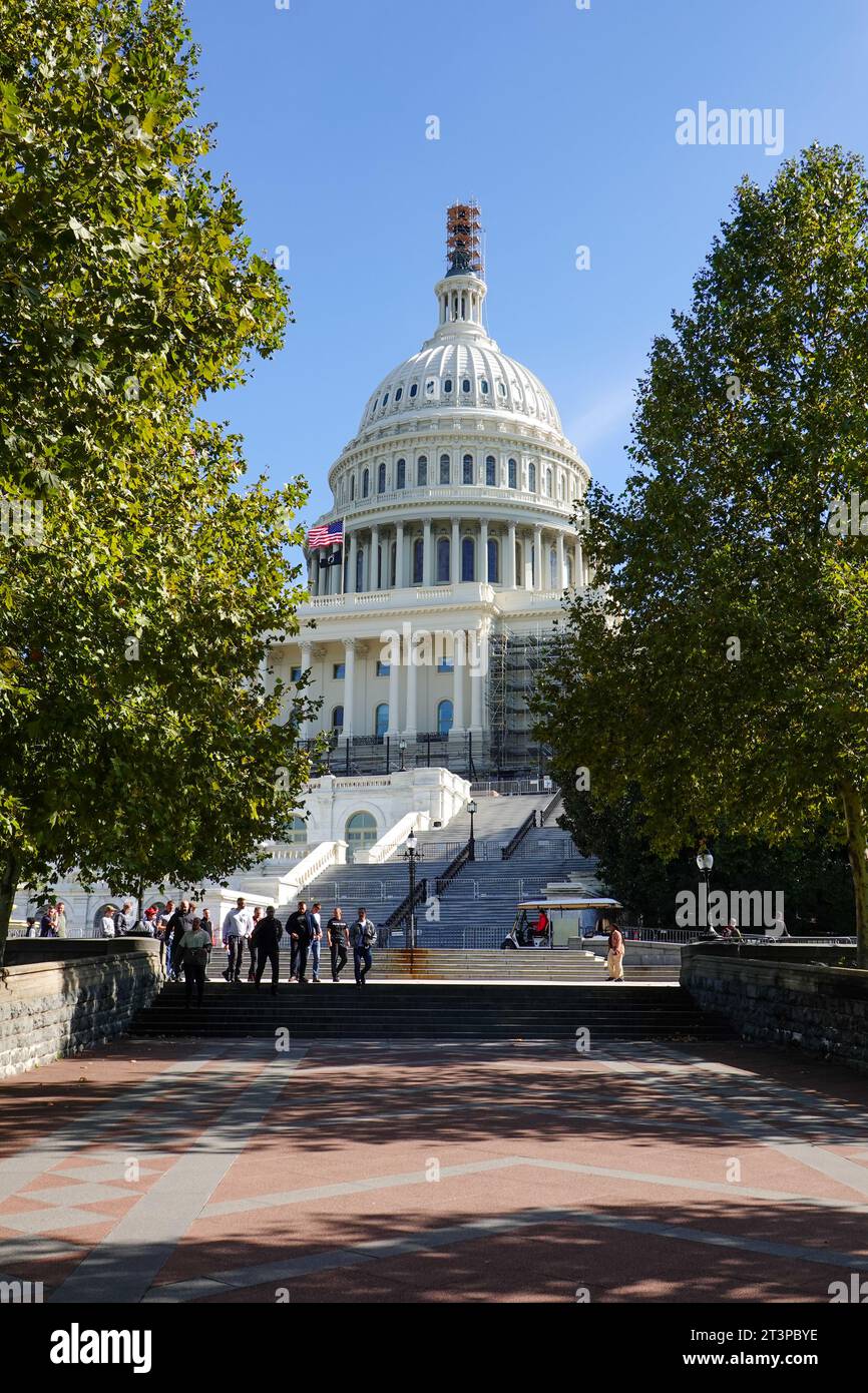 Police barricades and scaffolding across the west side, front, of the ...
