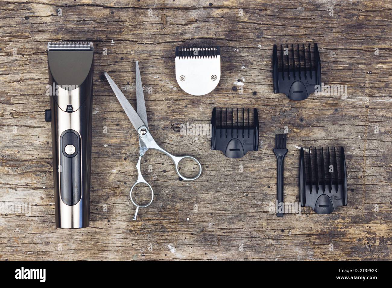 Barbershop concept. Hairdressing tools on dark background top view ...