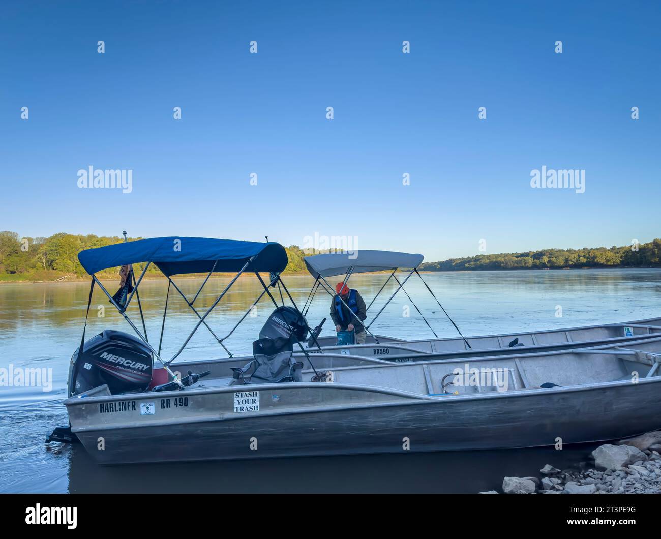 Hartsburg, MO, USA - October7, 2023: Safety boats on a boat ramp at ...