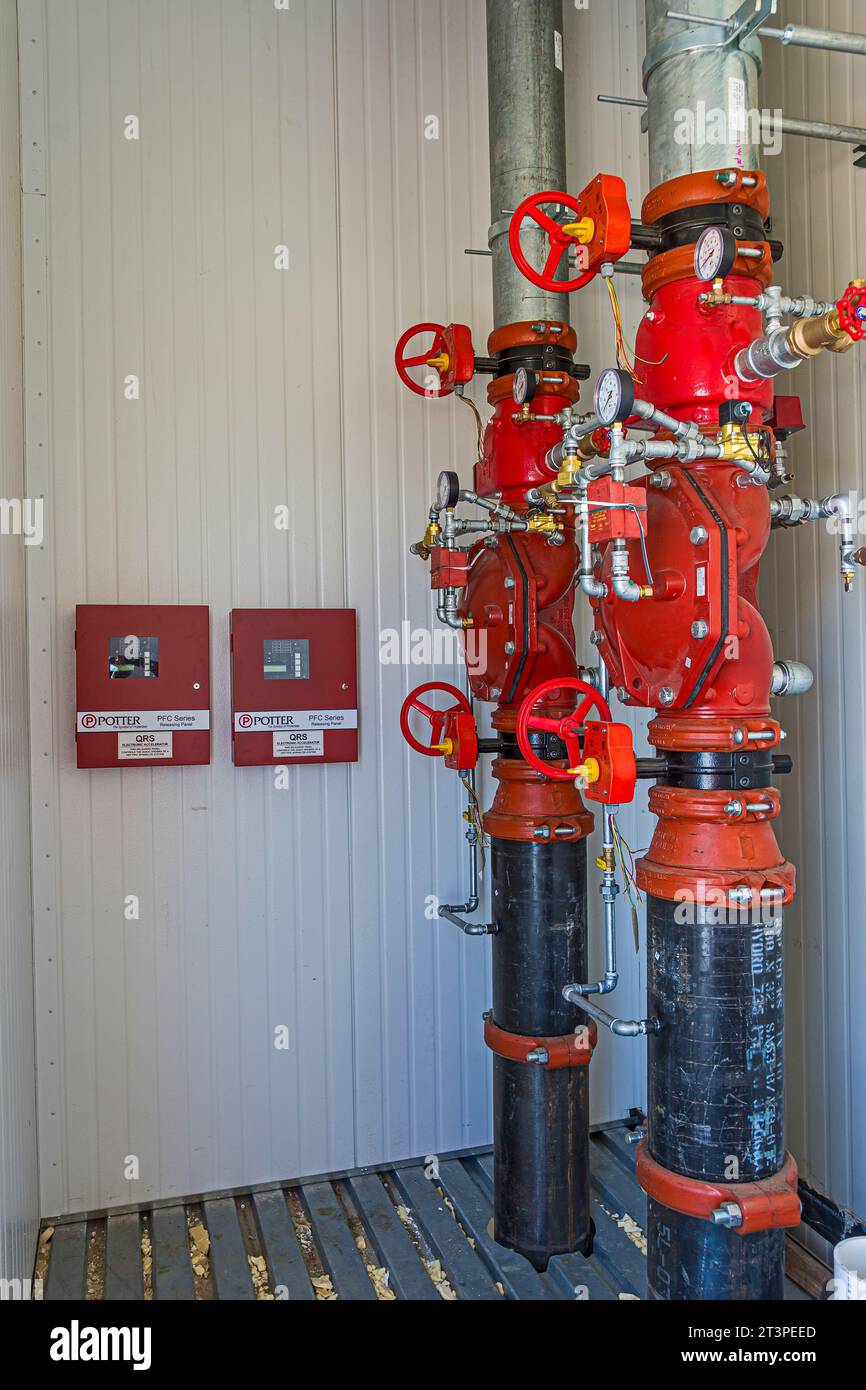 Fire-suppression piping and valves at an industrial refrigeration (cold ...